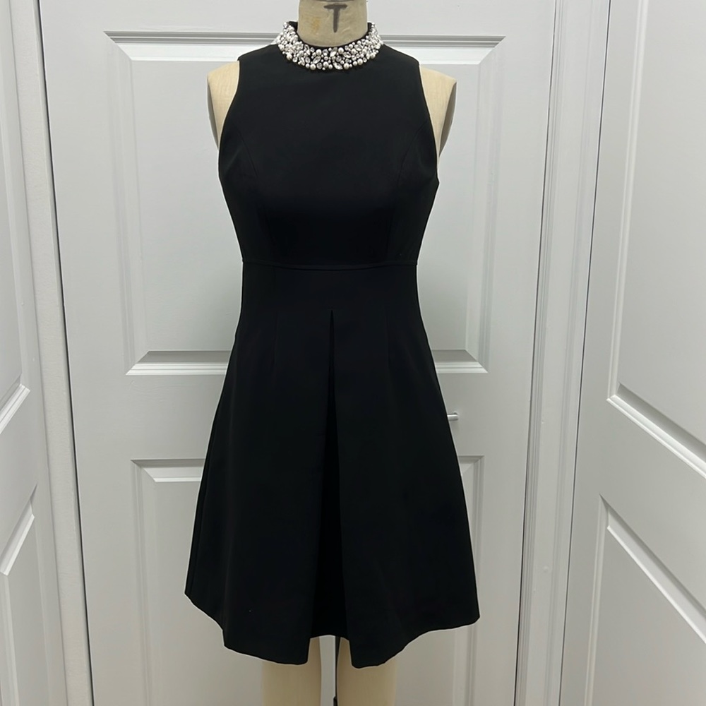 Beaded Band Collar, Inverted Pleat, A-Line Dress. - Gem